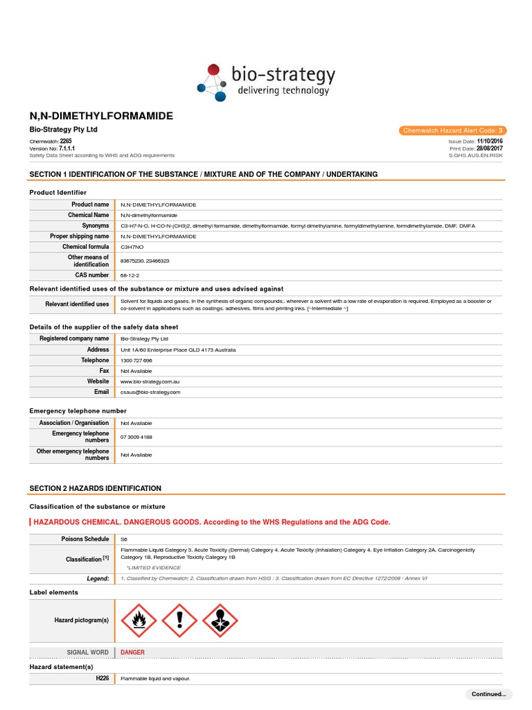 N, N-Dimethylformamide: Bio-Strategy Pty LTD | PDF | Toxicity | Waste ...