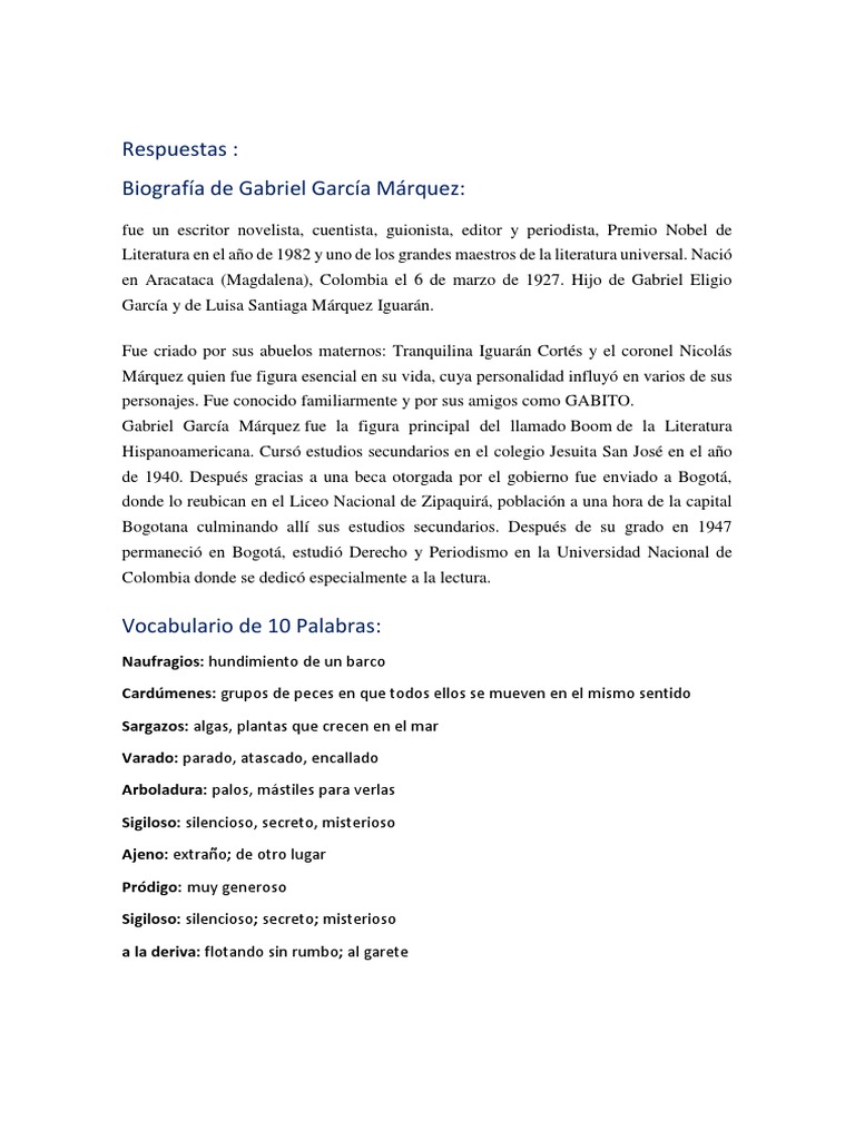 Preguntas Del Cuento El Ahogado Mas Hermoso Del Mundo | PDF | Gabriel ...