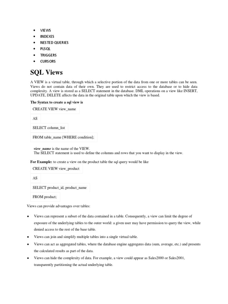 Sql Views Views Indexes Nested Queries Plsql Triggers Cursors Pdf Database Index Plsql
