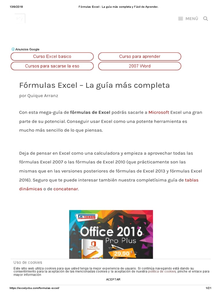 Fórmulas Excel - La Guía Más Completa y Fácil de Aprender | PDF ...