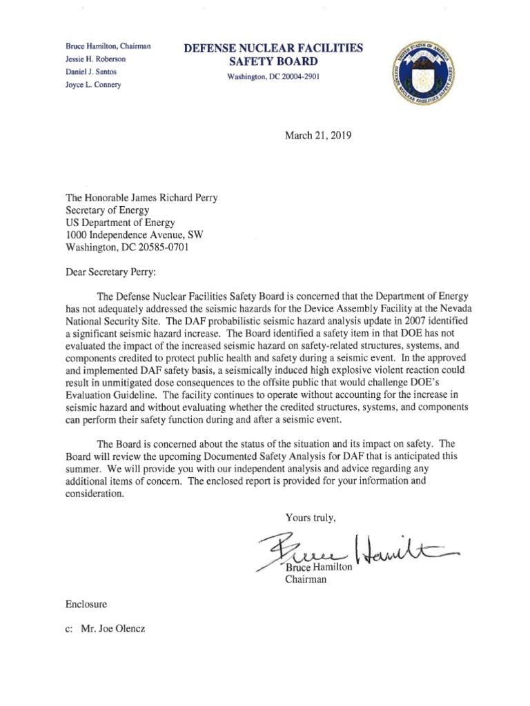 Letter from Defense Nuclear Facilities Safety Board | Seismology | Hazards