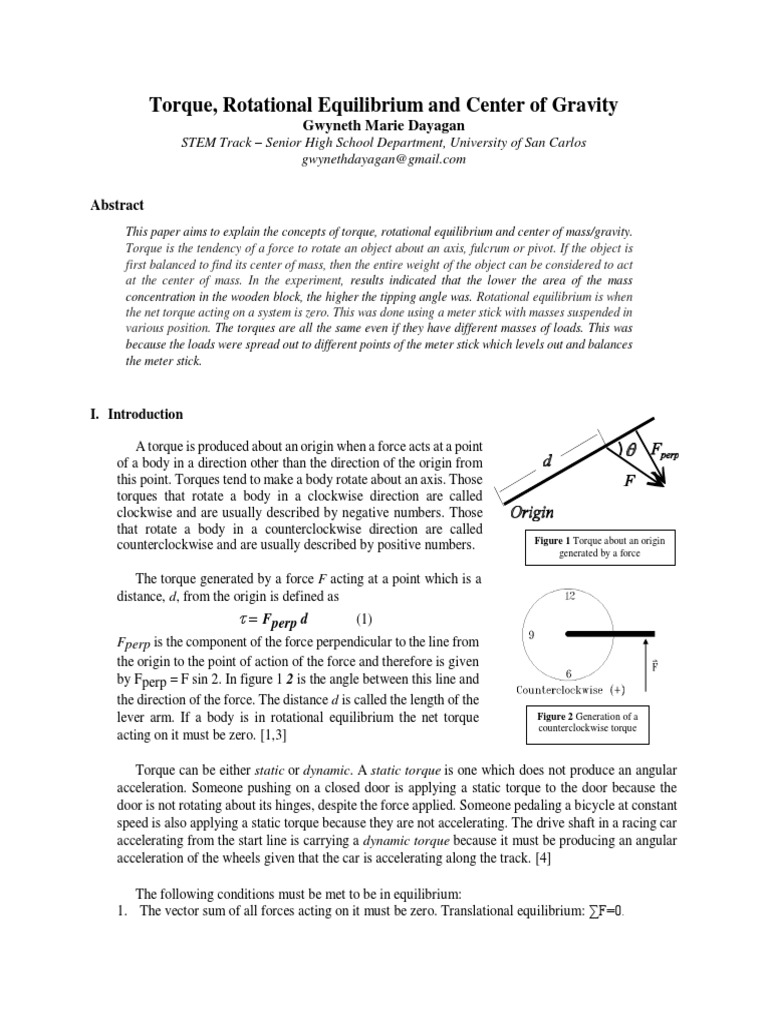 Torque, Rotational Equilibrium and Center of Gravity: Gwyneth Marie ...