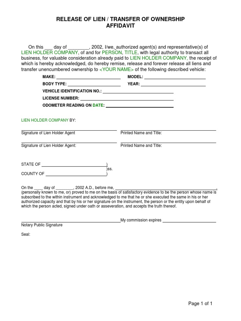 Lien Release Affidavit for Vehicle | PDF | Social Science