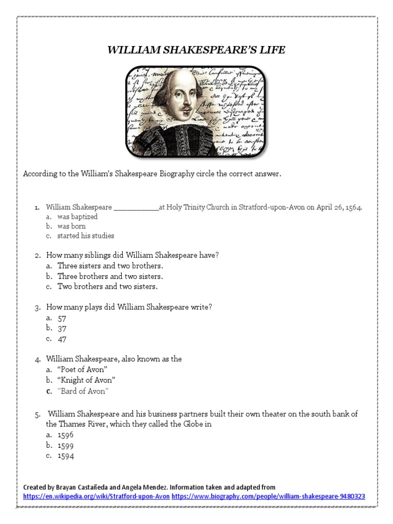 William Shakespeare Worksheet Intro | PDF | William Shakespeare