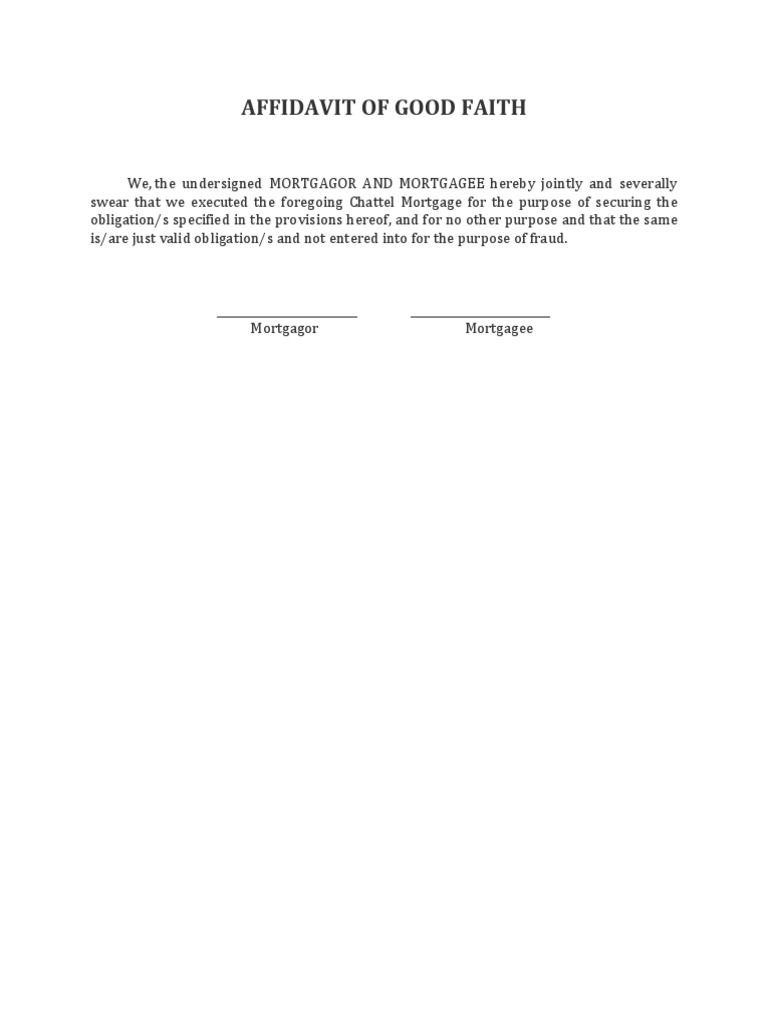 Affidavit of Good Faith Chattel Mortgage PDF | PDF | Mortgage Law ...