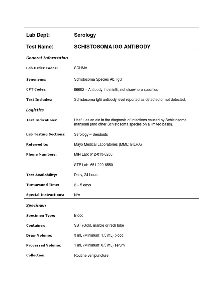 Lab Dept: Serology Test Name: Schistosoma Igg Antibody: General ...