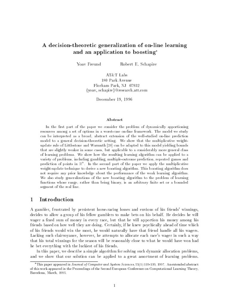 A Decision-Theoretic Generalization of On-Line Learning and An Application To Boosting | PDF ...