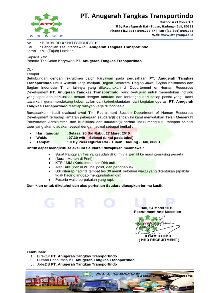 Undangan Tes Interview PT. Anugerah Tangkas Transportindo PDF | PDF ...
