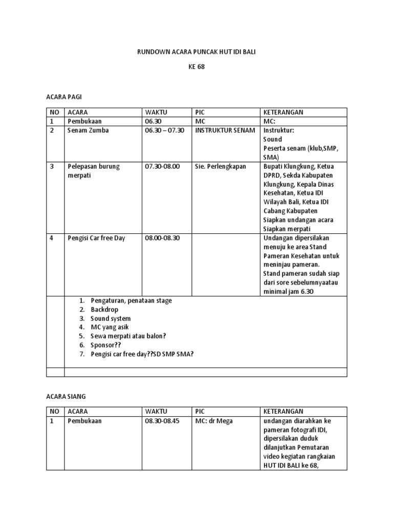 Rundown Acara Puncak Hut Idi Bali | PDF