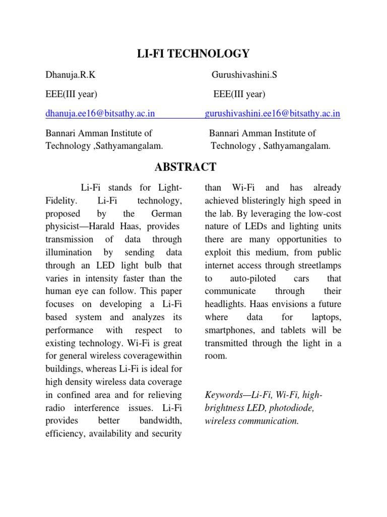 Li-Fi Technology Abstract Kongu | PDF | Radio | Telecommunications ...