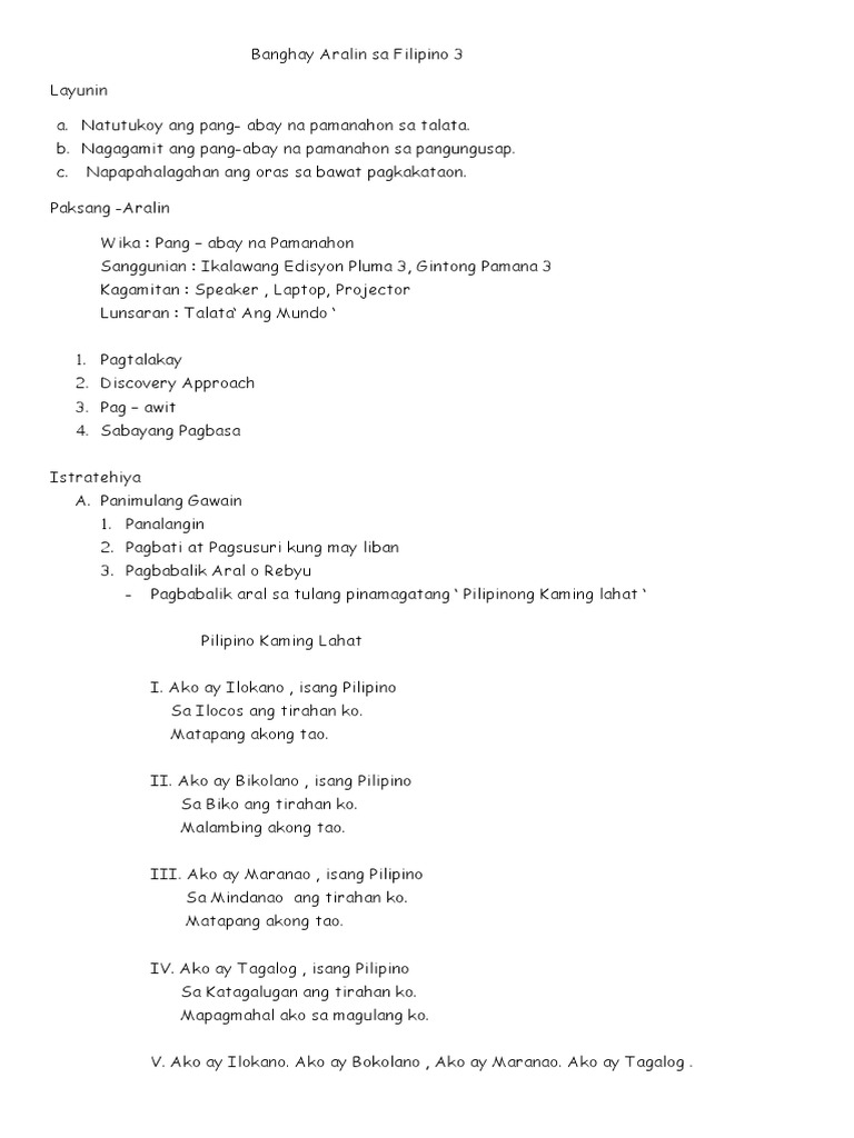 Banghay Aralin Sa Filipino 3 | PDF