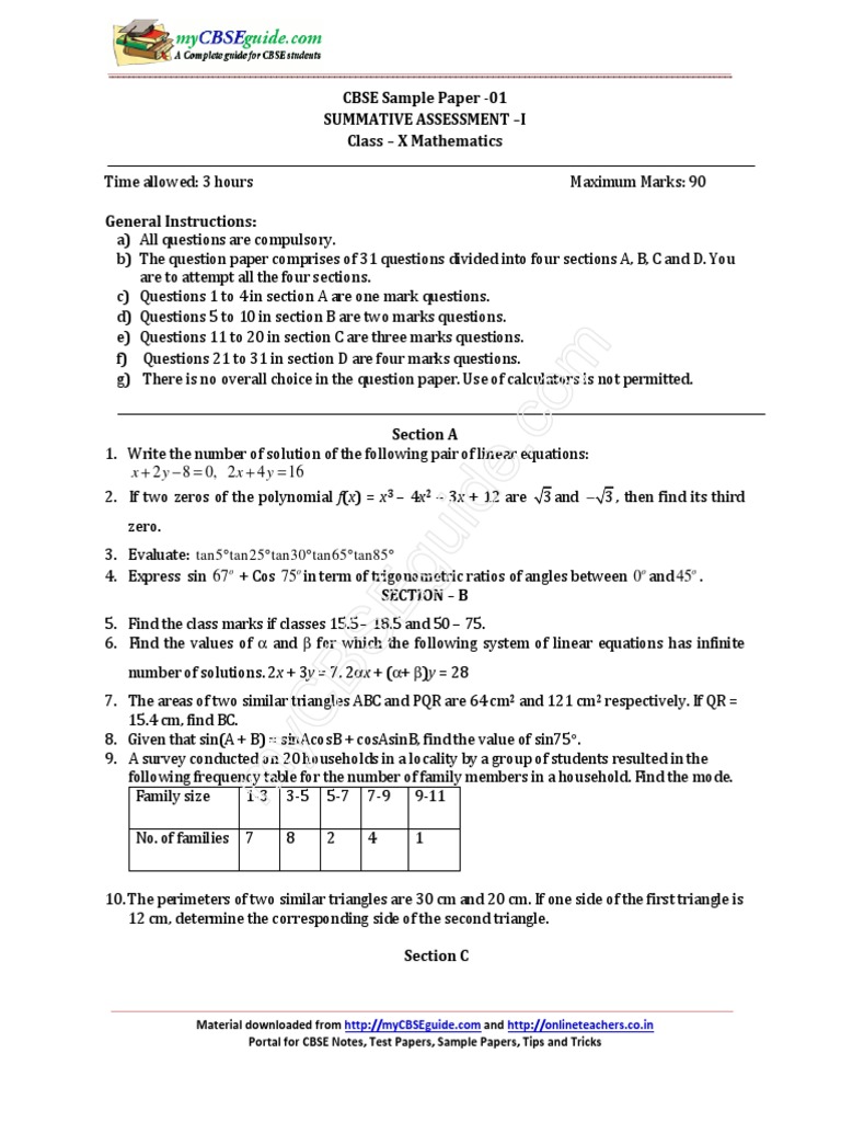 CBSE Sample Paper - 01 Summative Assessment - I Class - X Mathematics | PDF | Triangle ...