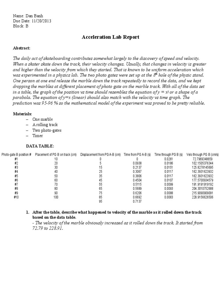 Acceleration Lab Report: Abstract | PDF | Velocity | Acceleration