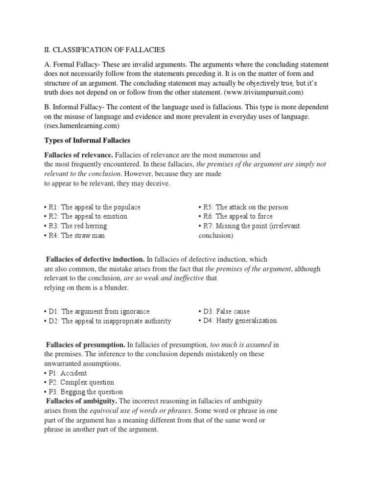 Types of Informal Fallacies: Relevant To The Conclusion. However ...
