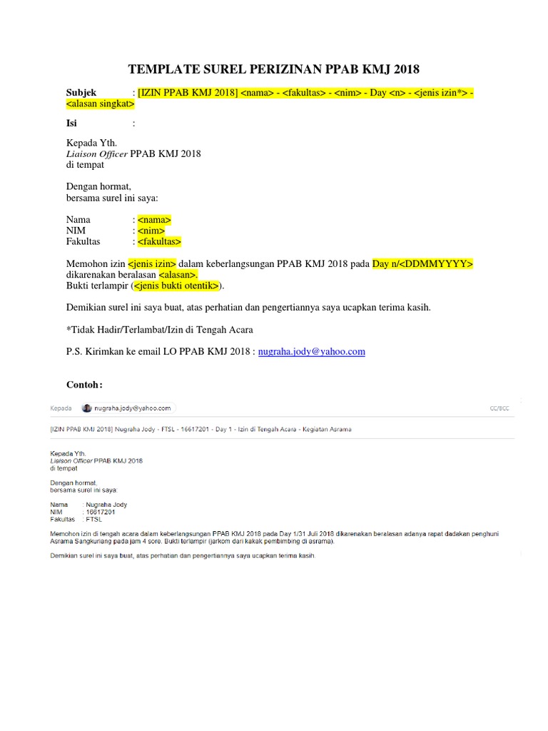 Template Surel Perizinan Ppab KMJ 2018 | PDF