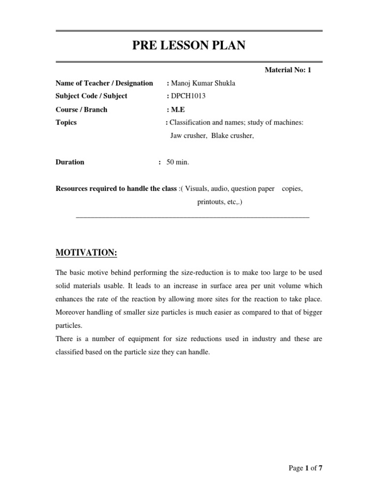 Pre Lesson Plan: Motivation | PDF | Mill (Grinding) | Tools