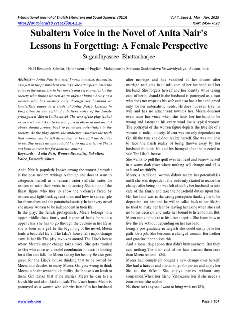 Subaltern Voice in The Novel of Anita Nair's Lessons in Forgetting: A ...