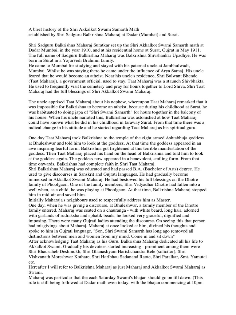 A Brief History of The Shri Akkalkot Swami Samarth Math | PDF ...
