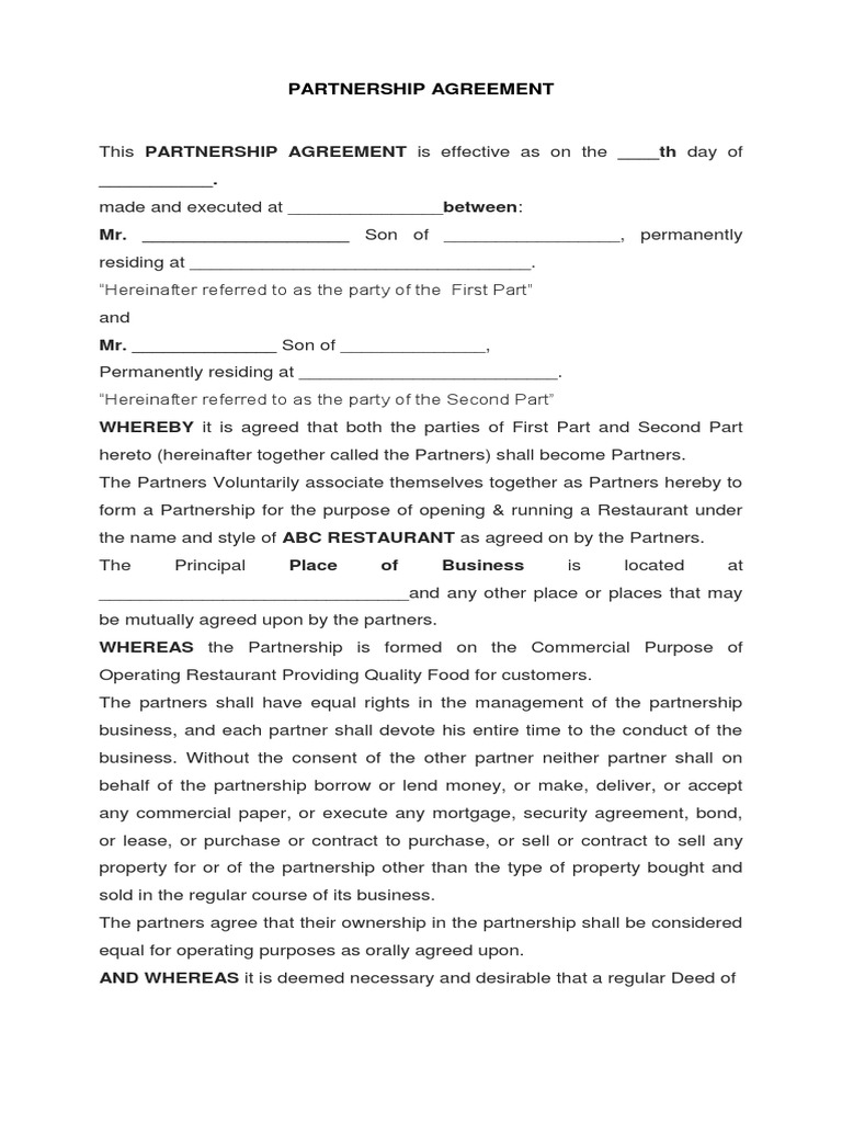Partnership Agreement Format For Restaurant | PDF | Partnership | Civil ...