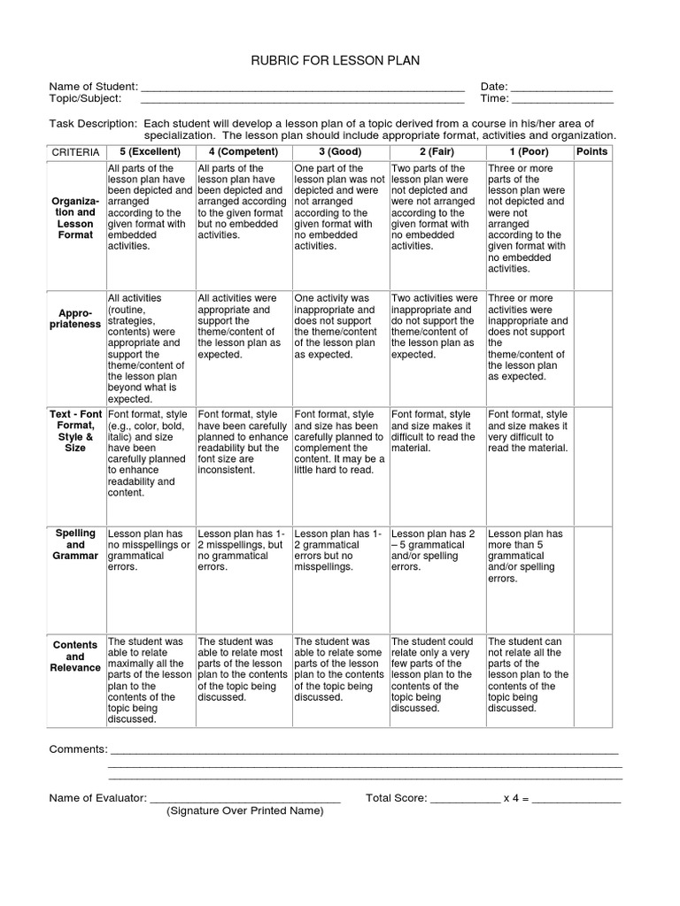 Rubric For Lesson Plan: 5 (Excellent) 4 (Competent) 3 (Good) 2 (Fair) 1 ...