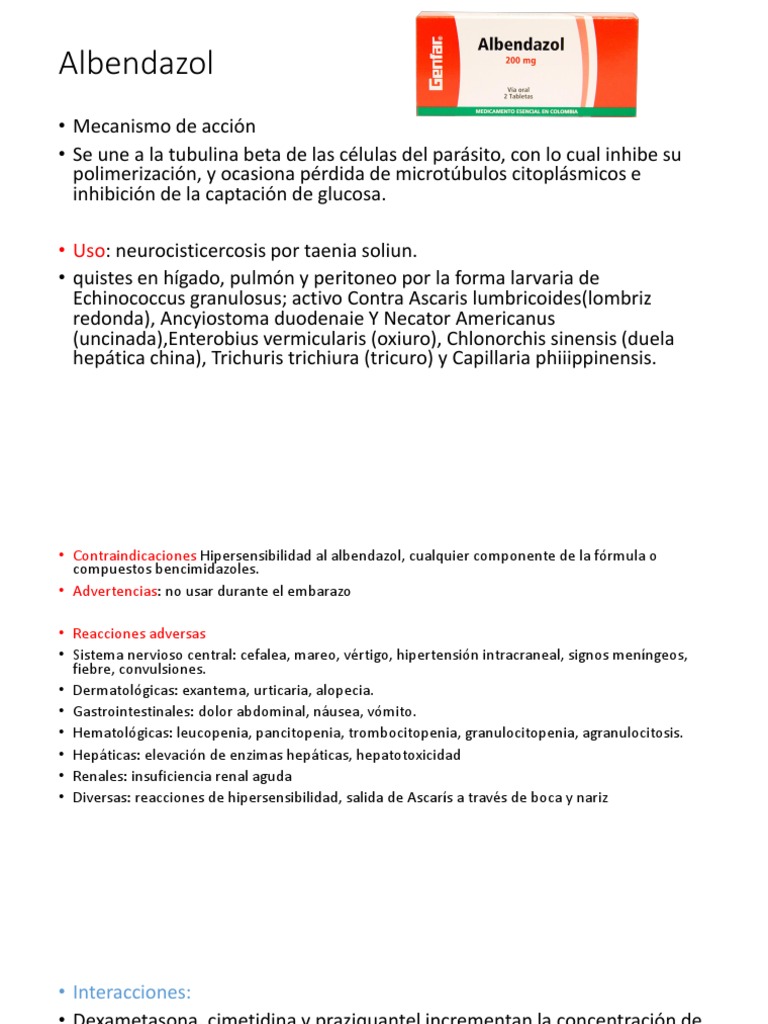 Albendazol: Mecanismo y Efectos Secundarios | PDF | Especialidades ...