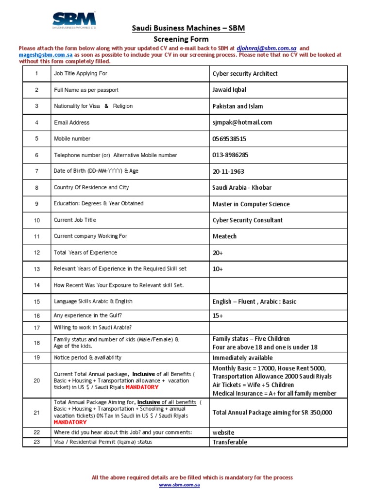 SBM - Screening Form (14412) | PDF | Saudi Arabia | Business