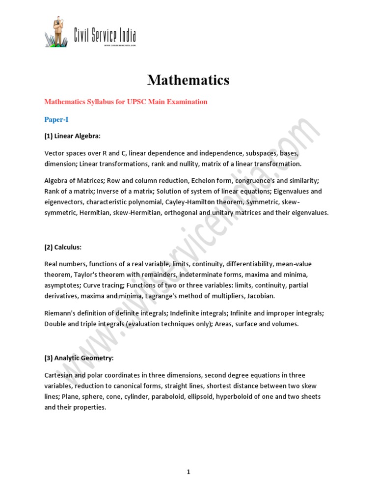 Mathematics: Mathematics Syllabus For UPSC Main Examination | PDF ...