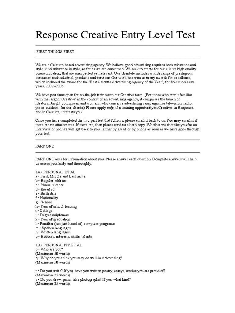 Response Creative Entry Level Test | PDF | Advertising
