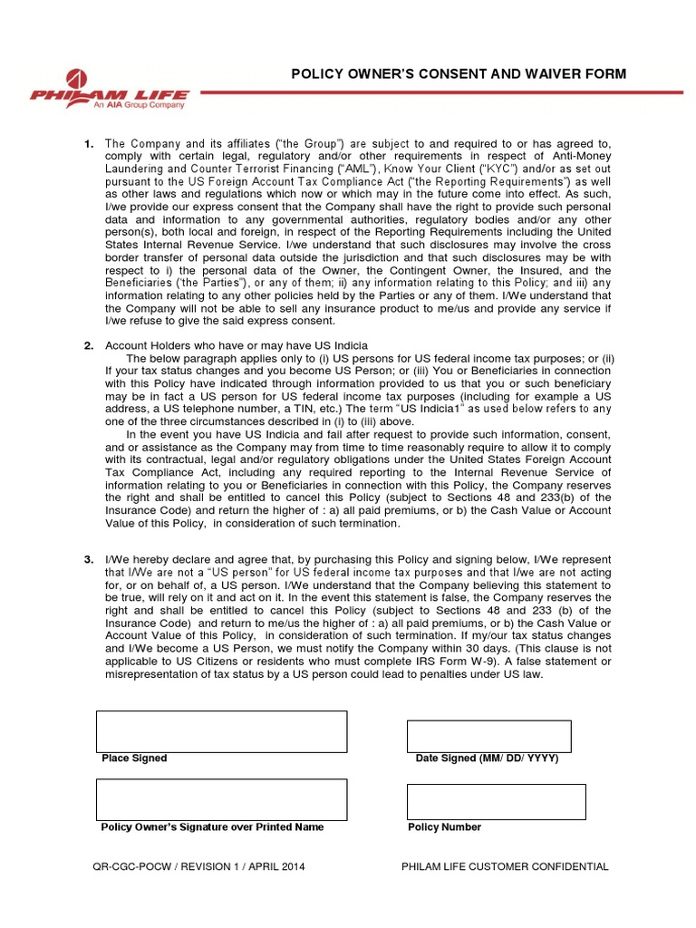 AIA Philam Life Policy Owners Consent and Waiver Form | PDF | Money ...