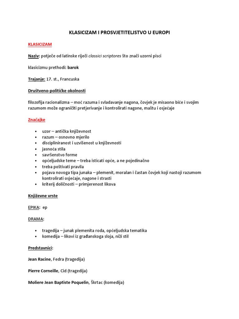 Klasicizam I Prosvjetiteljstvo U Europi | PDF