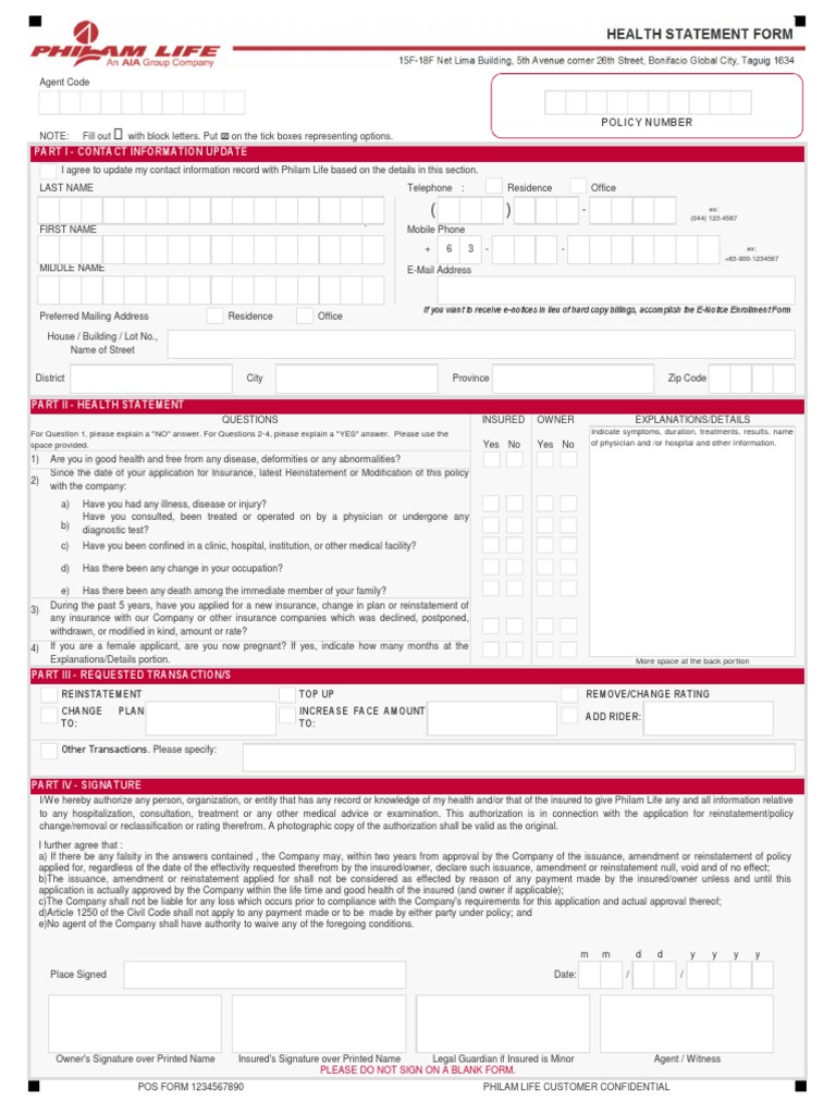 AIA Philam Life Health Statement Form | PDF | Insurance | Hospital