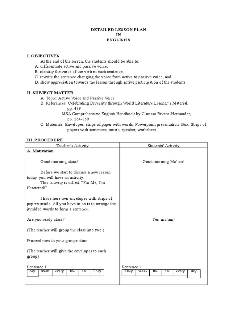 Active and Pasive Voice Detailed Lesson Plan | Perfect (Grammar) | Verb