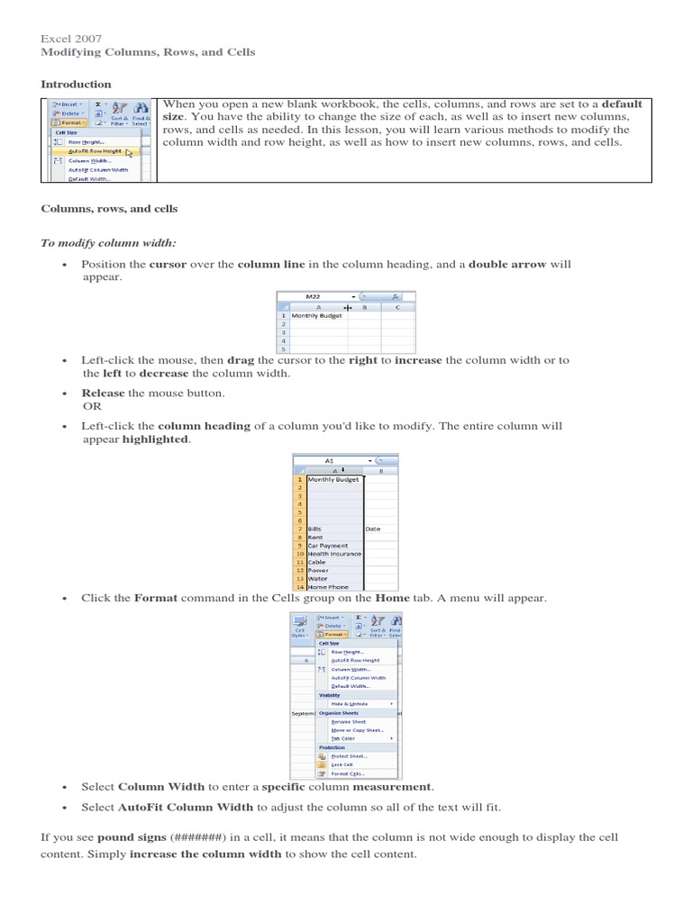 Modifying Columns, Rows, and Cells: To Modify Column Width | PDF | Cursor (User Interface ...