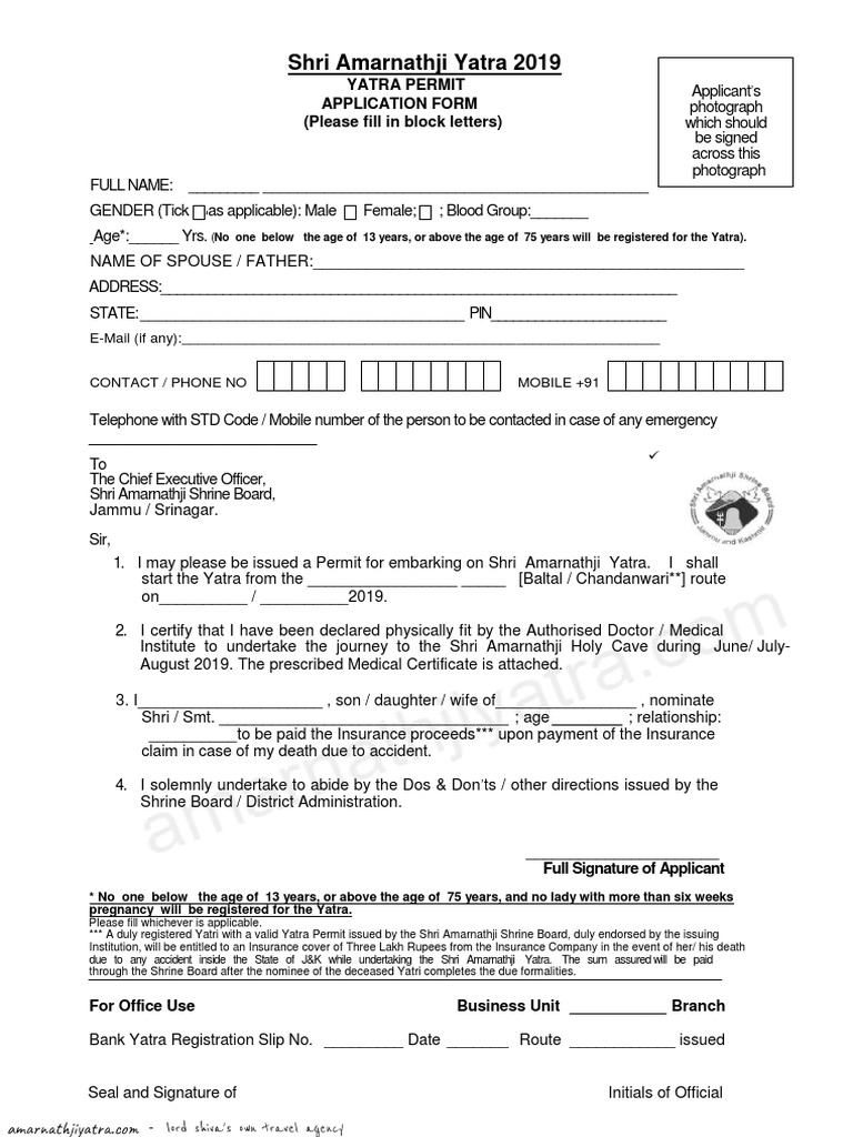 Shri Amarnathji Yatra 2019: Yatra Permit Application Form (Please Fill in Block Letters) | PDF ...