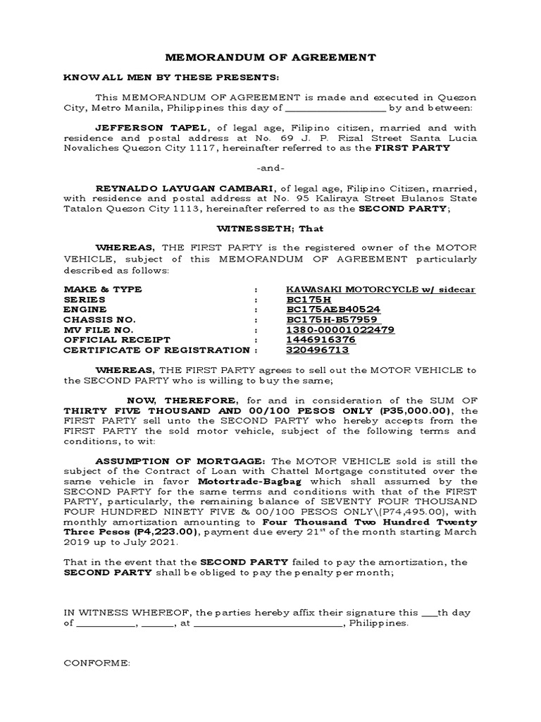 Memorandum of Agreement: Kawasaki Motorcycle W/ Sidecar | PDF ...