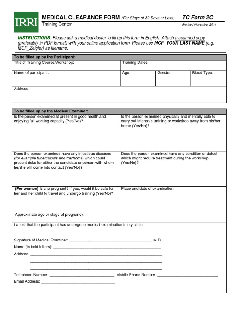 Irri Education Medical Clearance Form | PDF