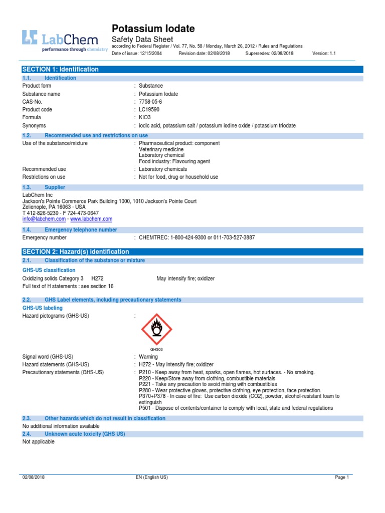 Potassium Iodate: Safety Data Sheet | PDF | Firefighting | Fires