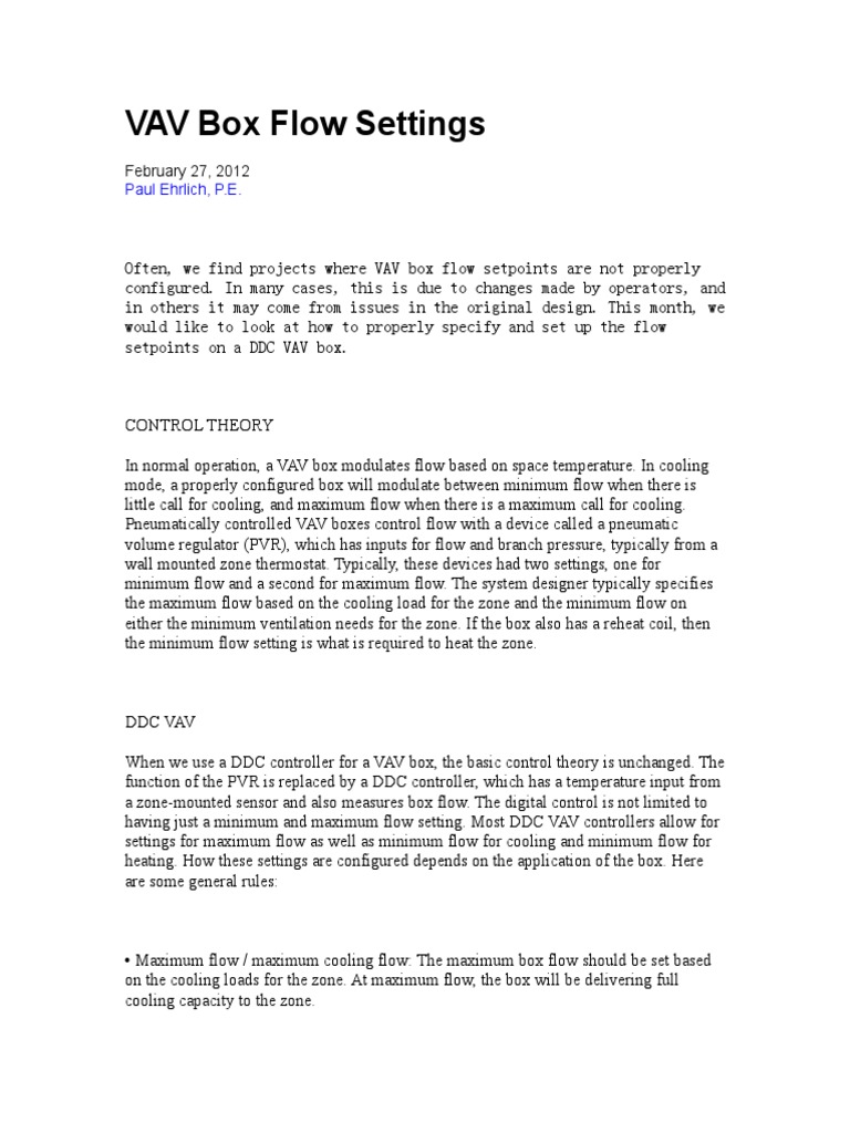 VAV Box Flow Settings | PDF | Ventilation (Architecture) | Engineering ...