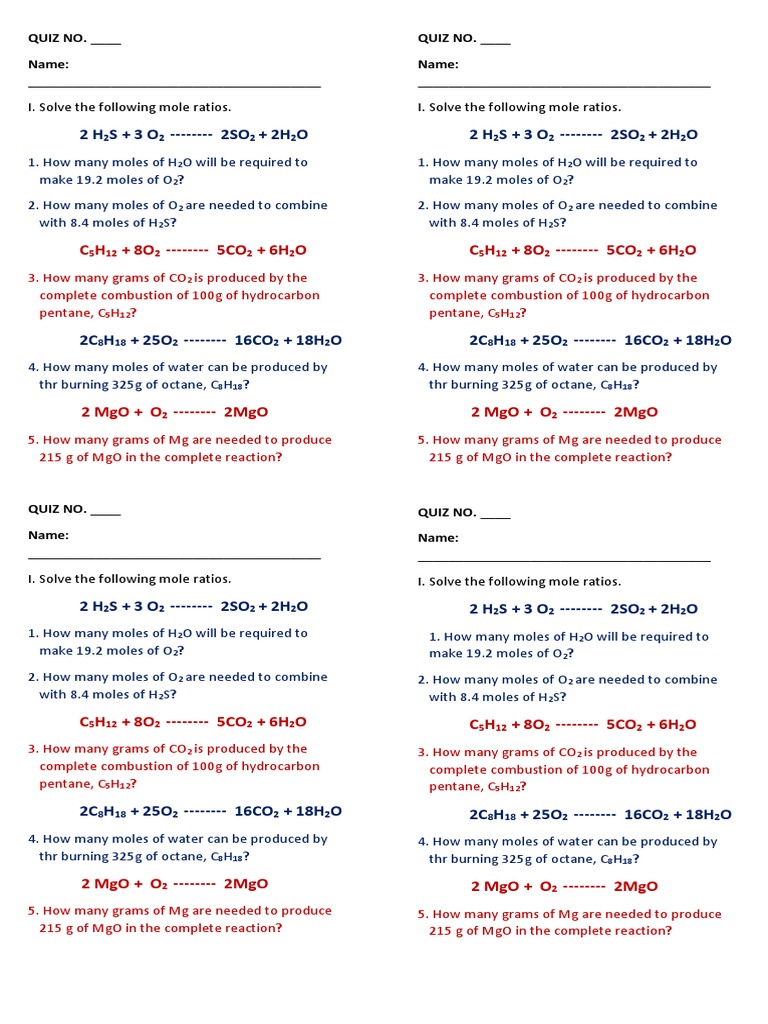 Mole Ratio Quiz for Chemistry Students | PDF | Stoichiometry | Combustion