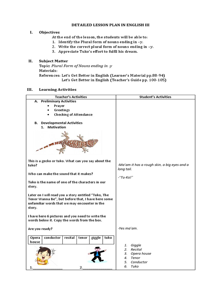 Detailed Lesson Plan in English Iii | PDF | Plural | Lesson Plan