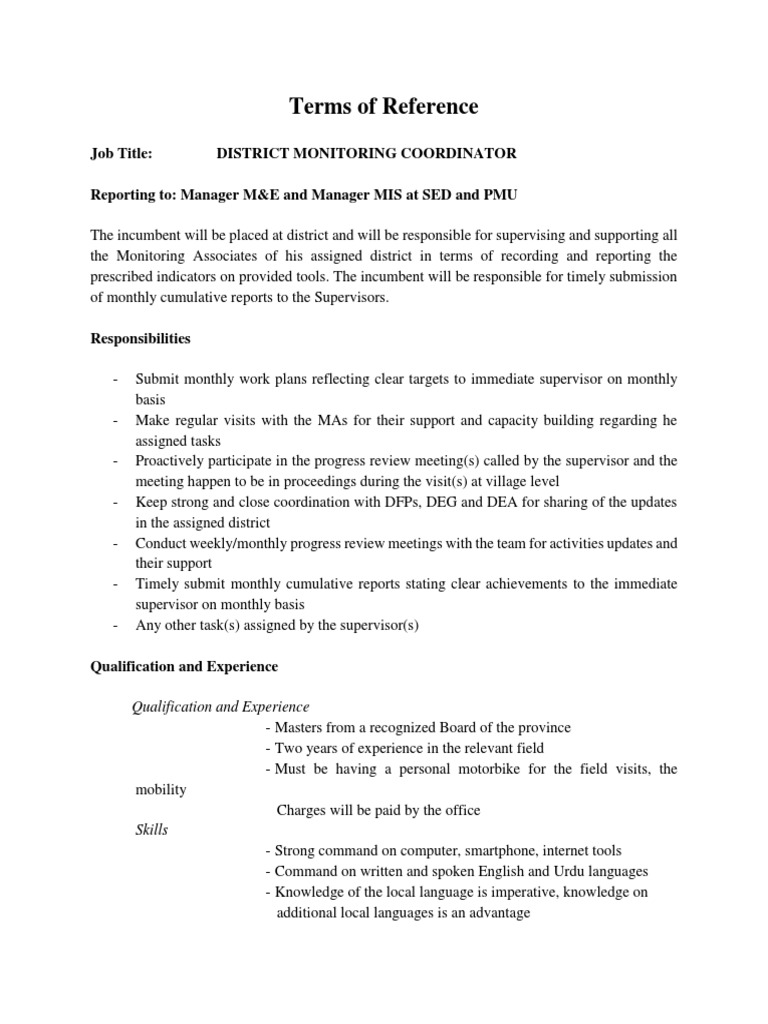 Terms of Reference: Job Title: District Monitoring Coordinator | PDF