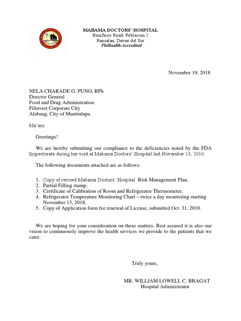 Cover Letter - Compliance Letter To FDA | PDF