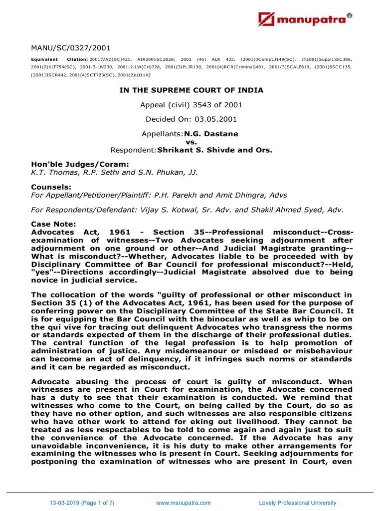 NG Dastane Vs Shrikant S Shivde and Ors 03052001s000305COM326577 | PDF ...