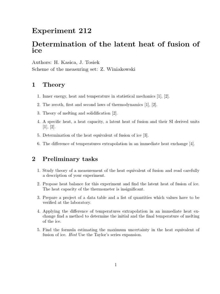 Experiment 212 Determination of The Latent Heat of Fusion of Ice | PDF ...