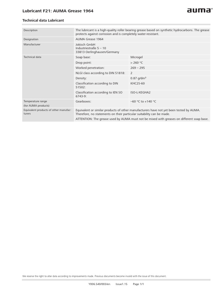 AUMA Grease 1964 Technical Data Sheet | PDF