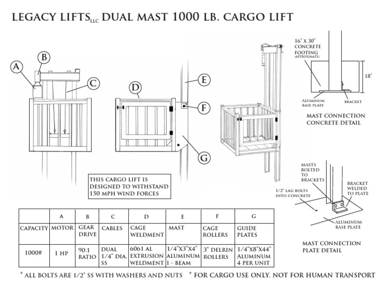 Legacy Lifts Dual Mast 1000 Lb. Cargo Lift: A B C D e F | PDF ...