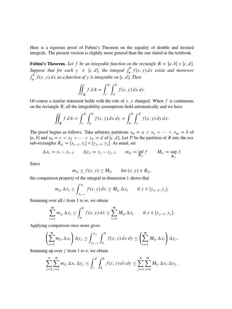 A Rigorous Proof of Fubini's Theorem on the Equality of Double and Iterated Integrals | PDF ...