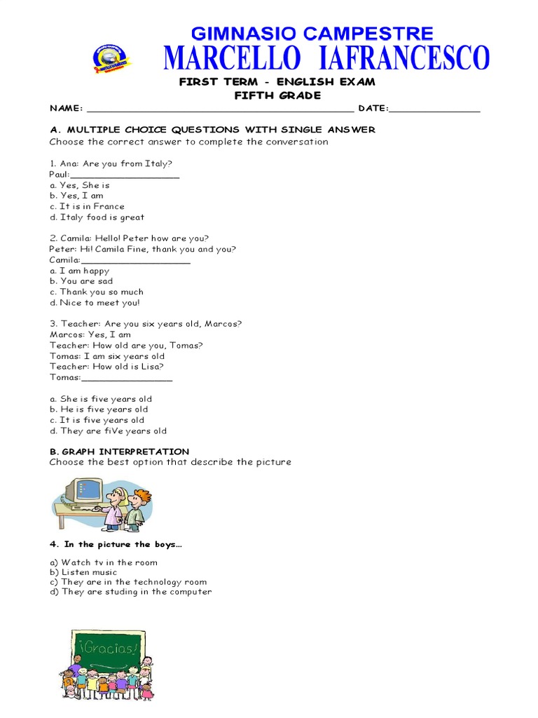 First Term - English Exam Fifth Grade: A. Multiple Choice Questions ...