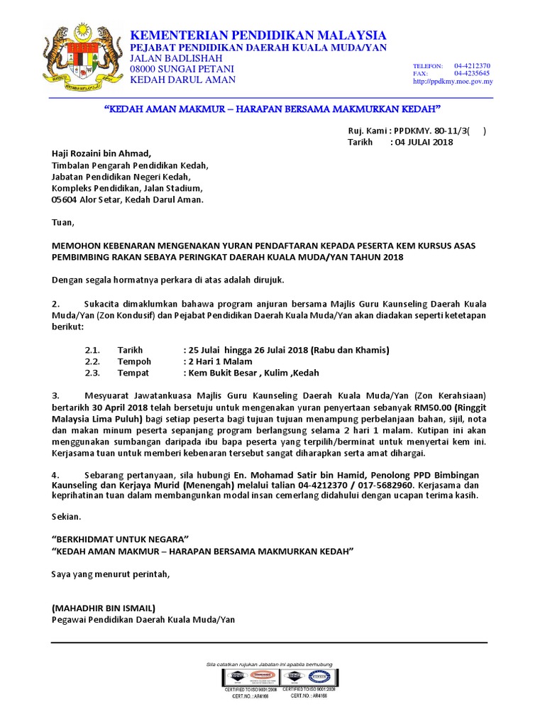 Surat Mohon Kelulusan JPN Program SLAD Untuk Zon Kondusif | PDF