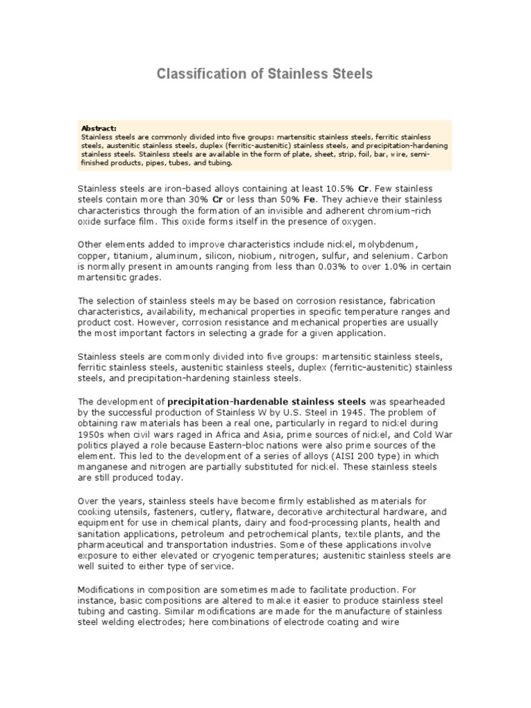 Classification of Stainless Steels | PDF | Stainless Steel | Rolling ...